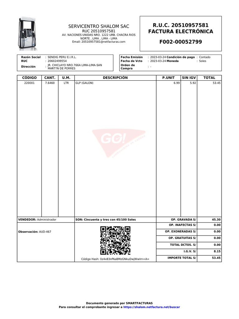 Servicentro Shalom Sac: R.U.C. 20510957581 Factura Electrónica F002 ...