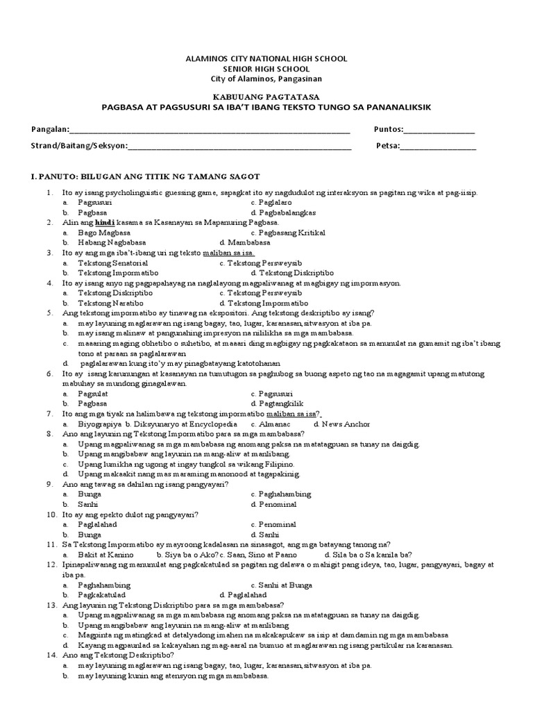 Pagbasa-At-Pananaliksik-Exam 2020 | PDF