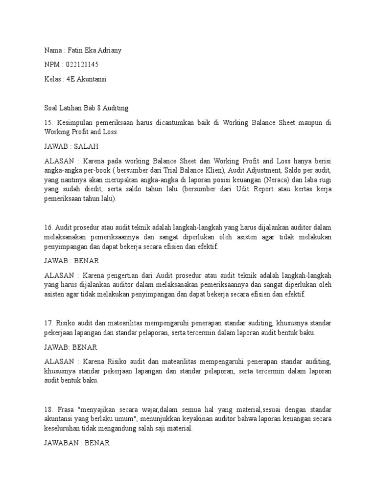 Fatin Eka Adriany - 4E Akuntansi - Tugas Bab 8 Auditing | PDF