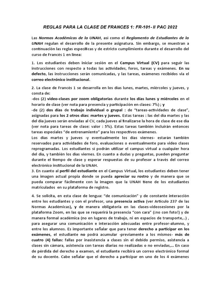 Reglas para La Clase de Frances 1: Fr-101-Ii Pac 2022 | PDF