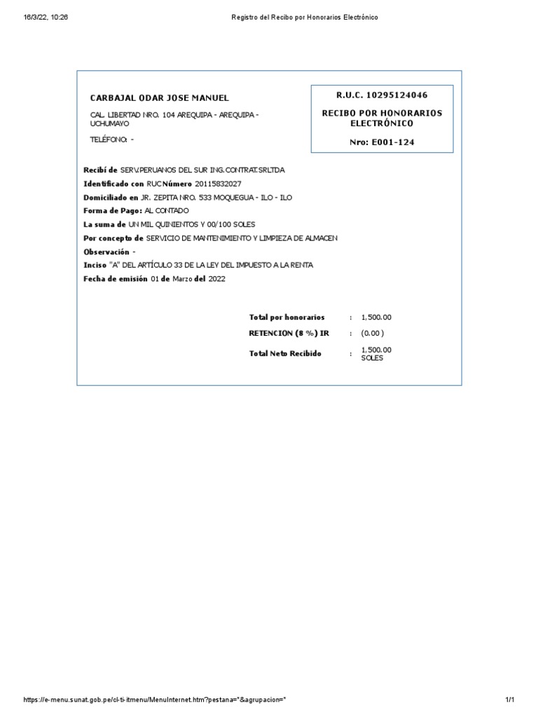 E001-124 - Carbajal Odar Jose Manuel - Sepersur (Mar 22) | PDF | Finanzas y dinero