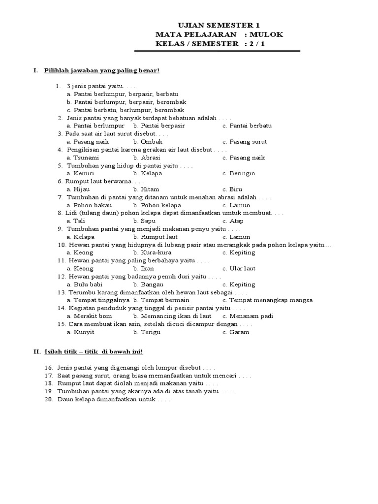 Ujian Semester 1 Kelas 2 Mulok | PDF