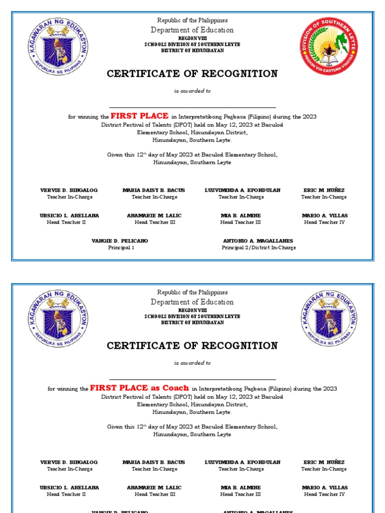 Certificate of Recognition - Interpretatibong Pagbasa (Filipino) | PDF ...