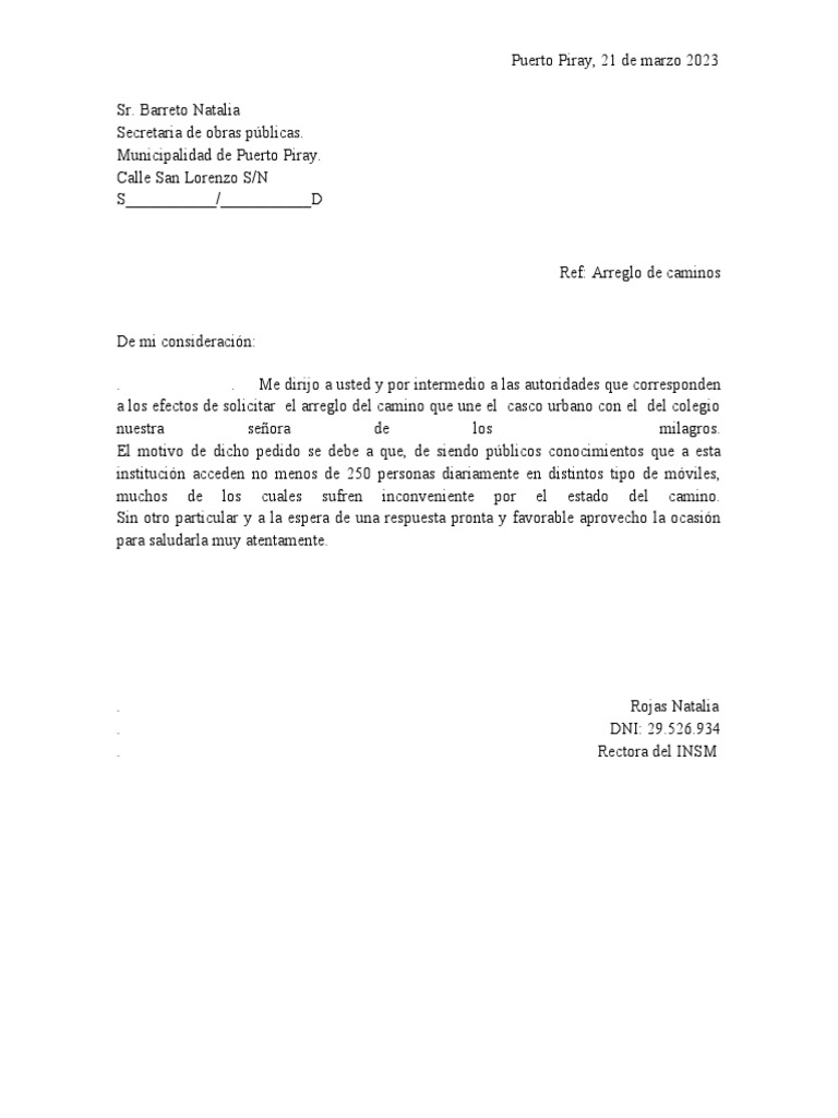 Nota de Solicitud Secretaria de Obras Públicas | PDF