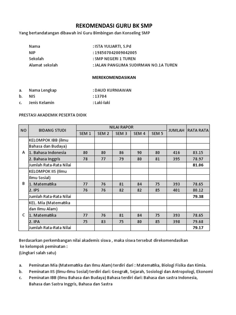 Rekomendasi Penjurusan Sma 15-16 | PDF