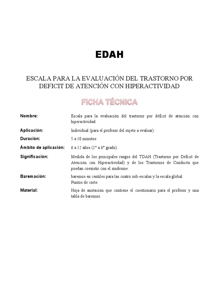 Escala EDAH para Profesores | PDF | Desorden hiperactivo y deficit de atencion | Epidemiología