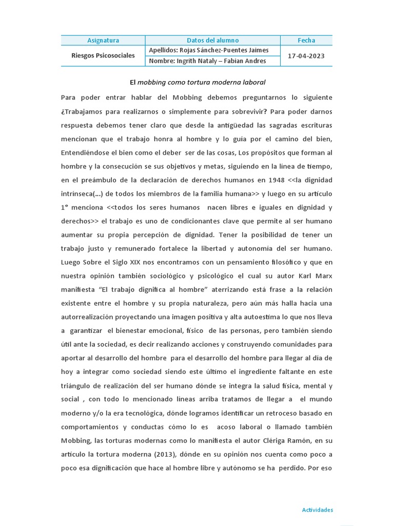 Actividad 2 Ensayo Mobing | PDF | Sicología | Conceptos psicologicos