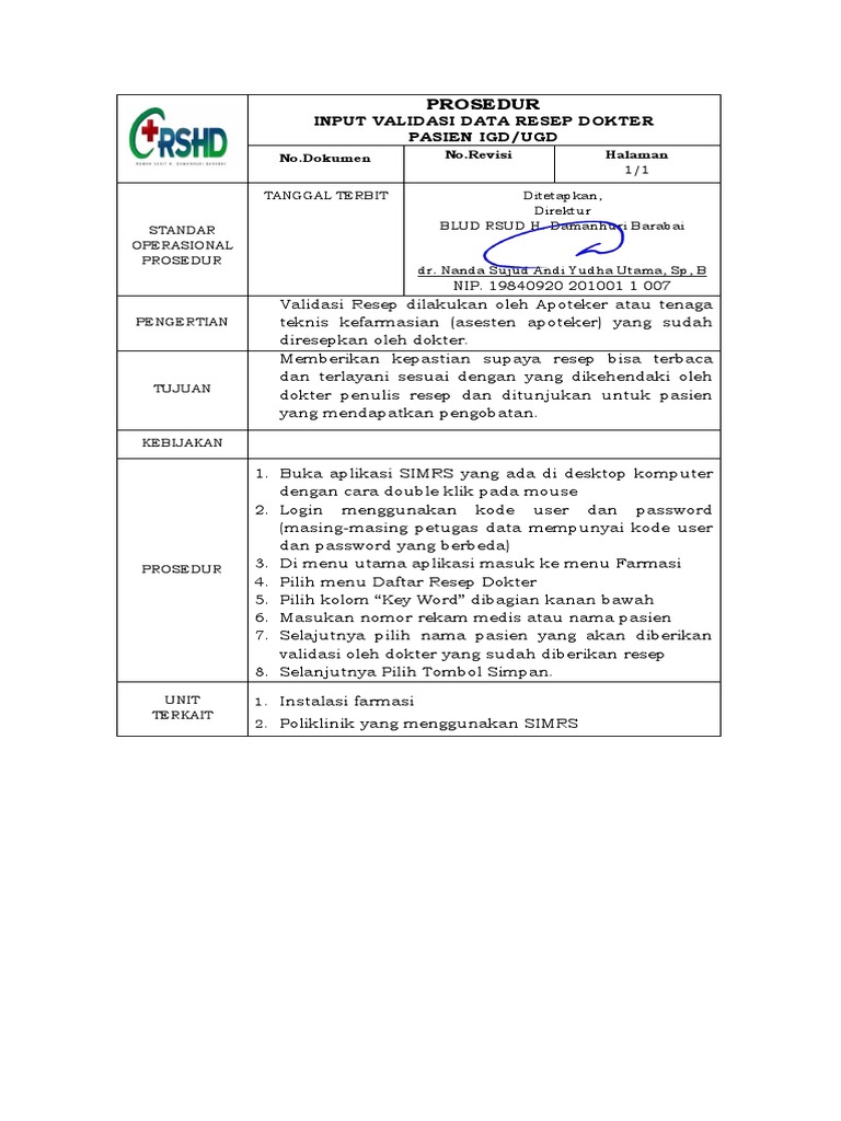 Sop Validasi Resep Dokter Pasien Igdugd | PDF | Sains & Matematika