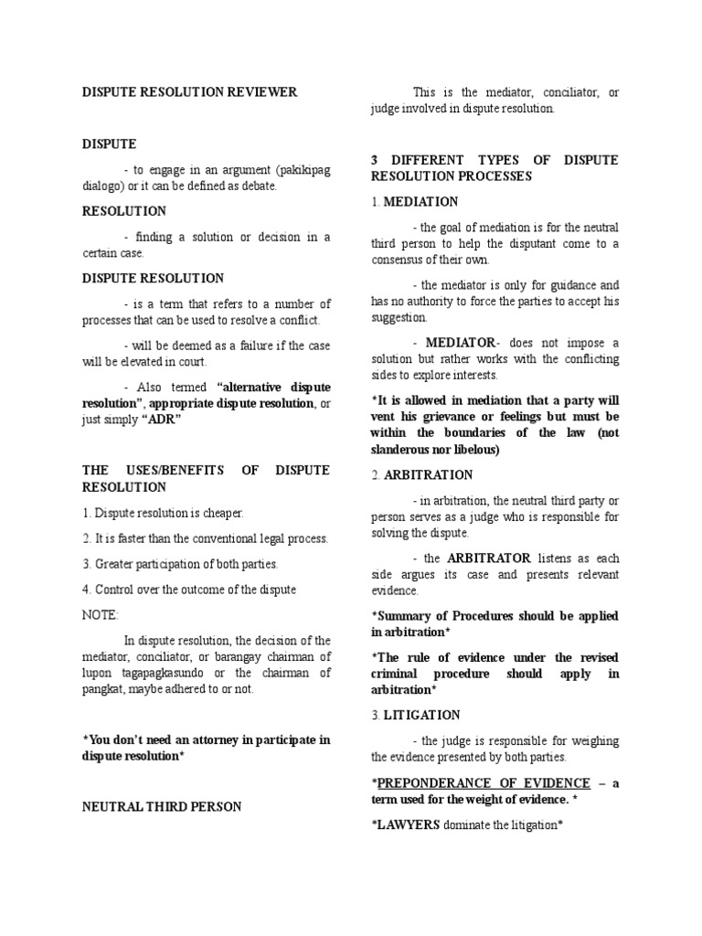 Dispute Resolution Reviewer | PDF | Alternative Dispute Resolution | Mediation