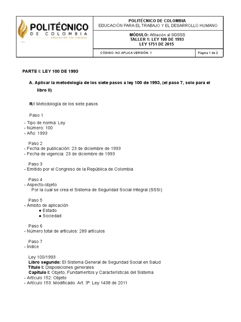 TALLER 1 (Ley 100 y Ley 1751) | PDF | Finanzas y dinero