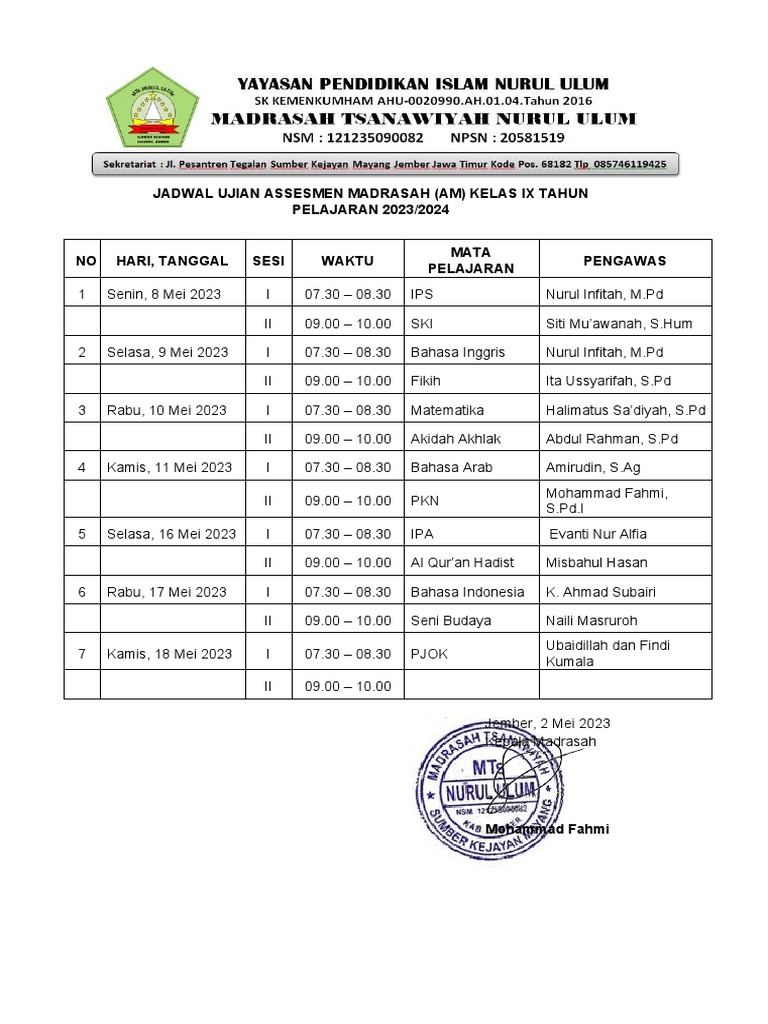 Jadwal Am MTS Nurul Ulum | PDF