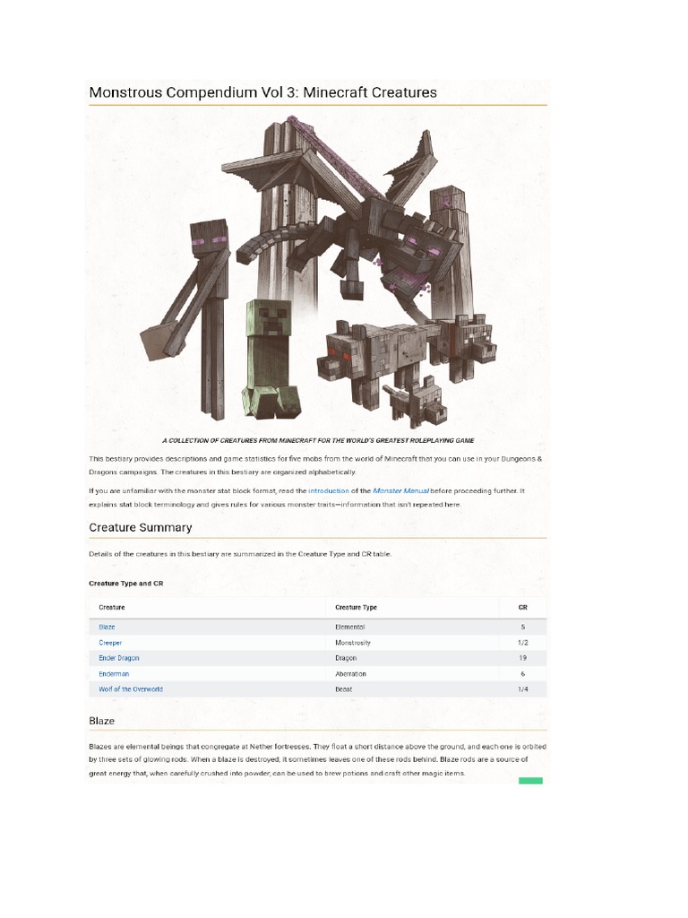 Monstrous Compendium Vol 3 - Minecraft Creatures | PDF
