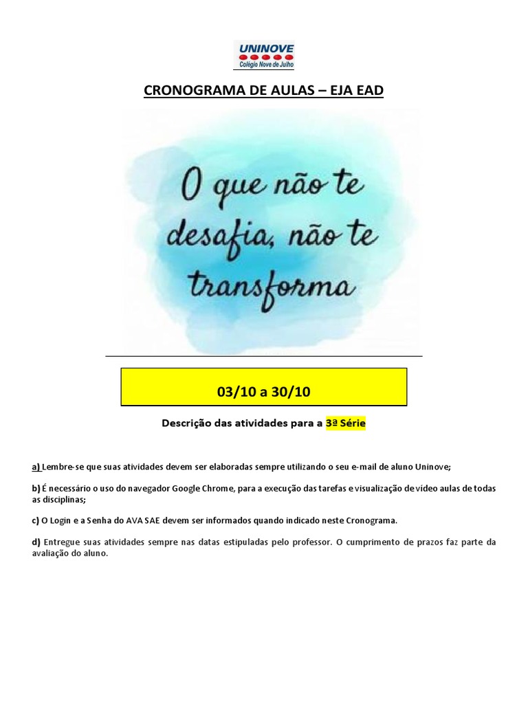 Cronograma de Aulas EJA EAD | PDF