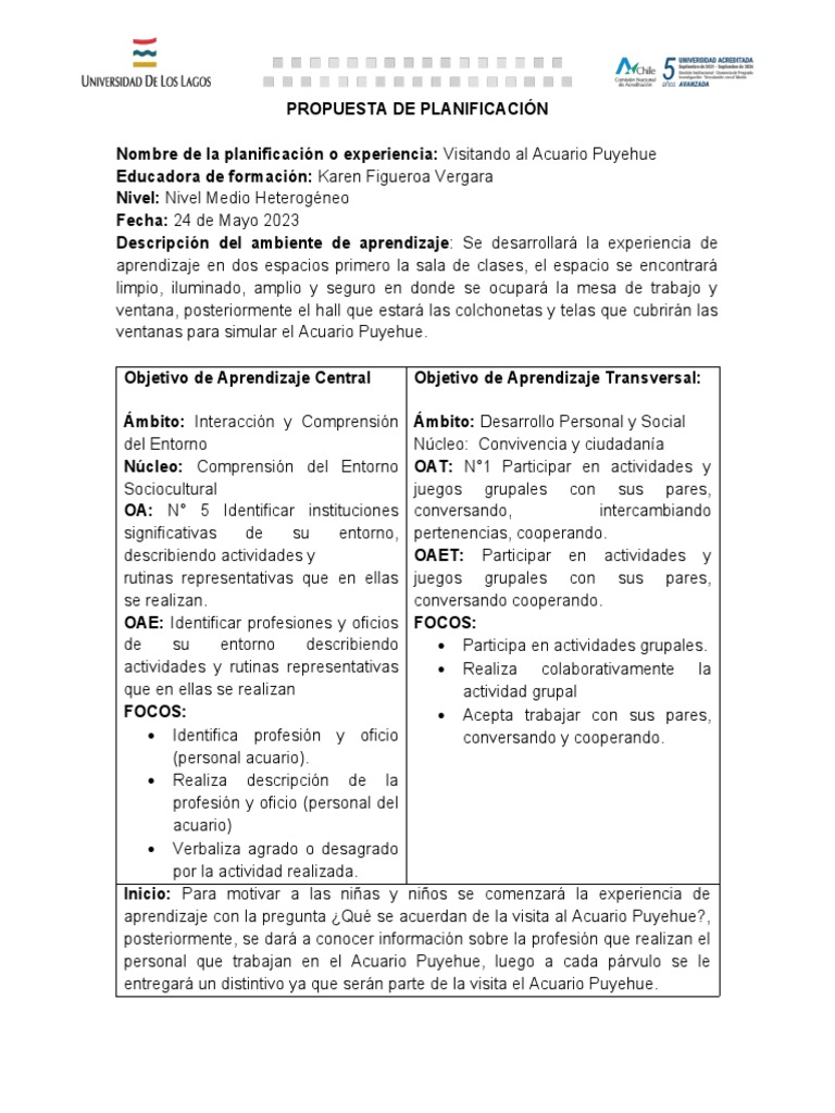 Propuesta de Planificacion Visitando El Acuario Puyehue | PDF | Acuario ...