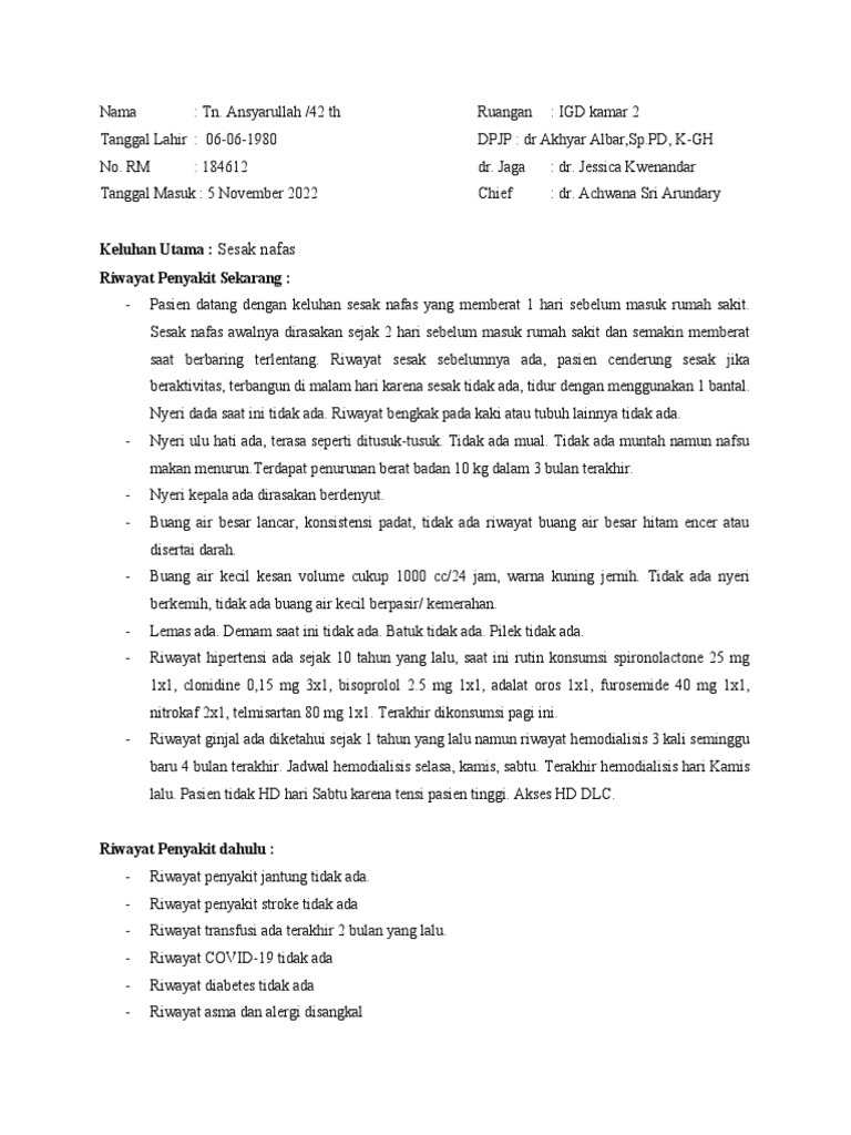 POMR Tn.A (CKD, Anemia, Suspek Edema Paru Akut, Hipertensi Emergency) | PDF