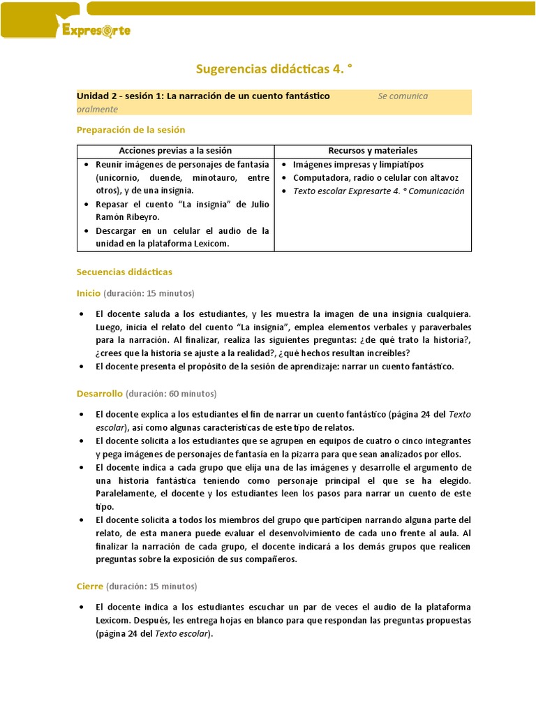 Sugerencias Didácticas 4. °: Unidad 2 - Sesión 1: La Narración de Un Cuento Fantástico ...