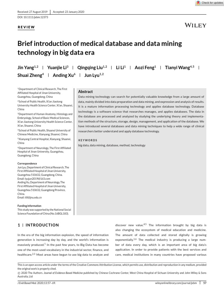 J Evidence Based Medicine - 2020 - Yang - Brief Introduction of Medical Database and Data Mining ...