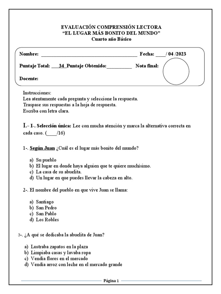 Comprensión Lectora EL LUGAR MAS BONITO DEL MUNDO | PDF | café