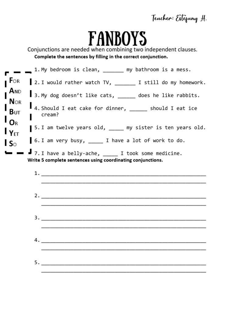 Fanboys Conjunctions Practice Worksheet | PDF