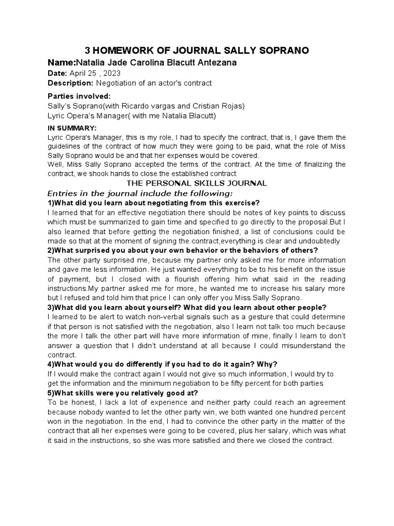 3 Homework of Journal Sally Soprano | PDF | Negotiation | Human ...