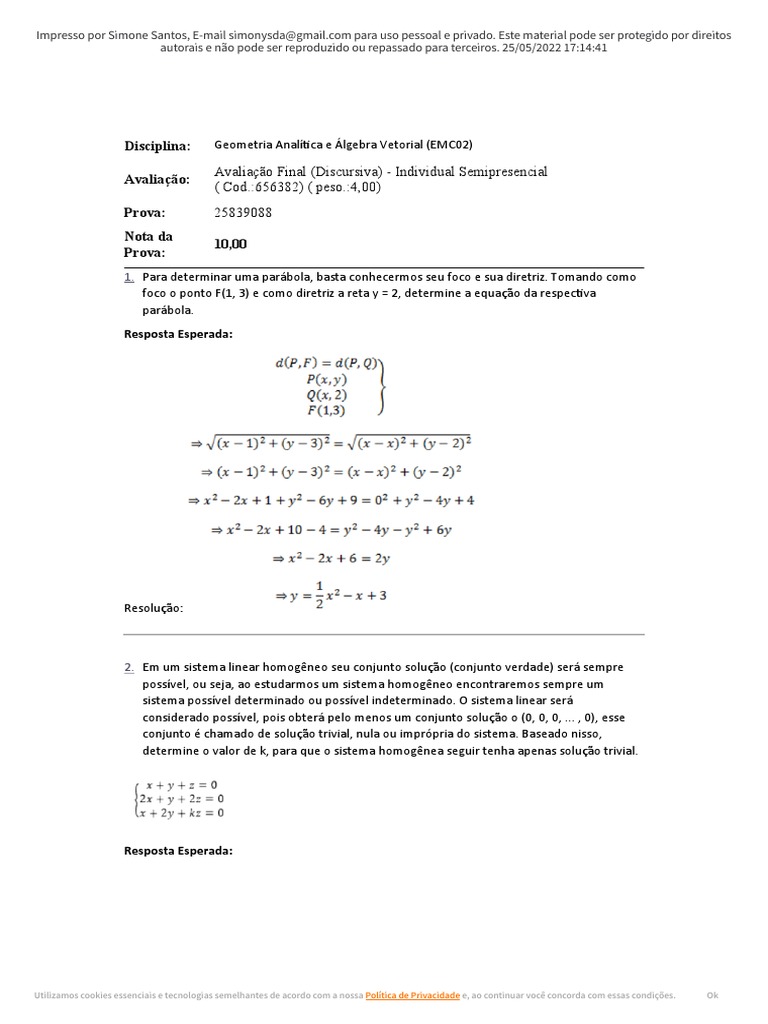 Prova Final (Discursiva) Geometria Analítica e Álgebra Vetorial - Passei Direto | PDF