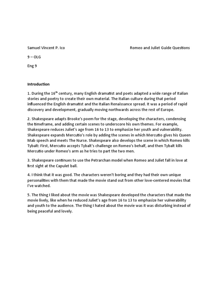 Romeo & Juliet Guide Questions | PDF | Characters In Romeo And Juliet ...