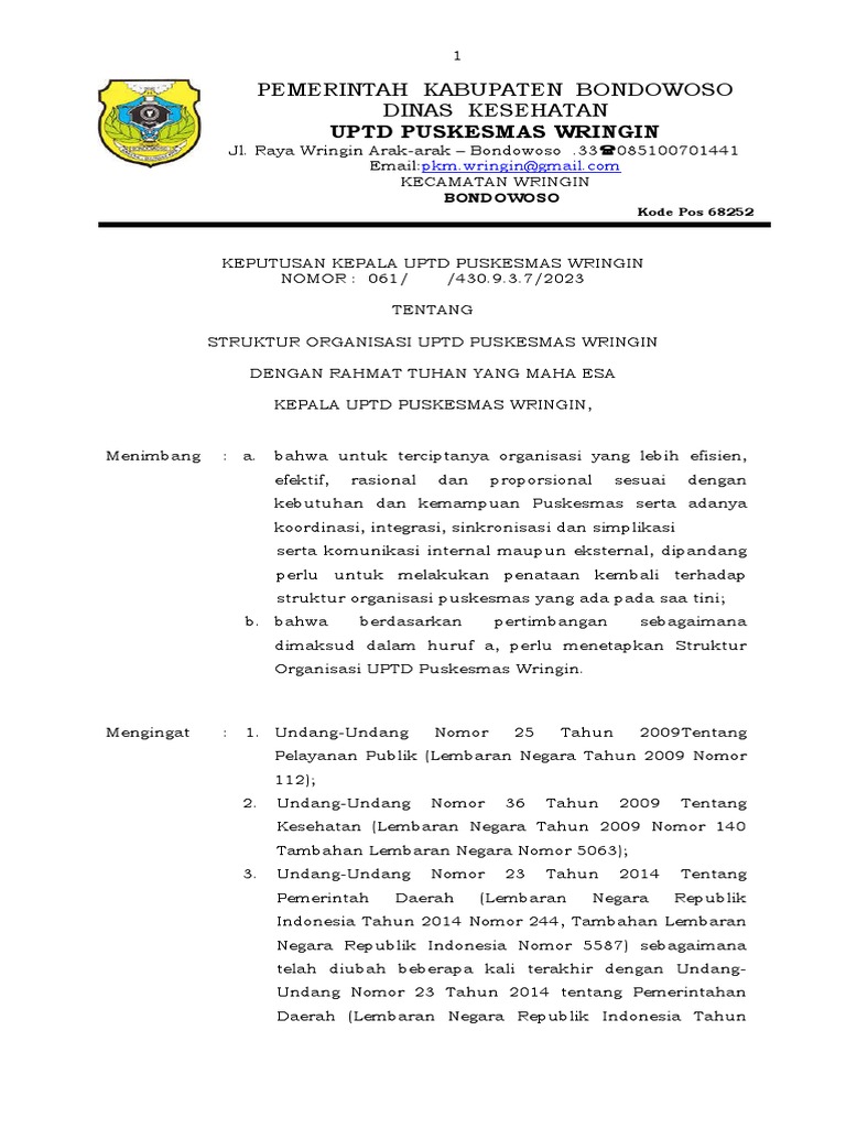 Struktur Organisasi Puskesmas Wringin | PDF