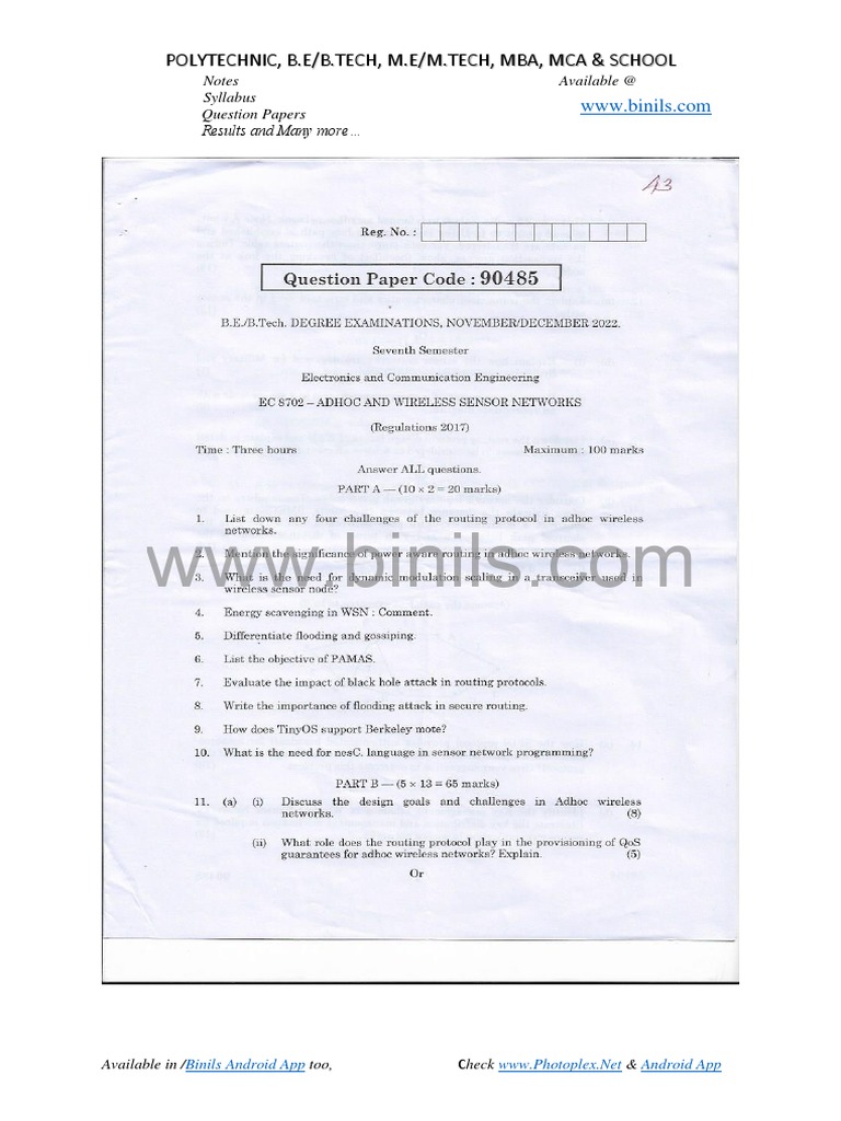 EC 8702 Adhoc and Wireless Sensor Networks Previous Question Paper | PDF