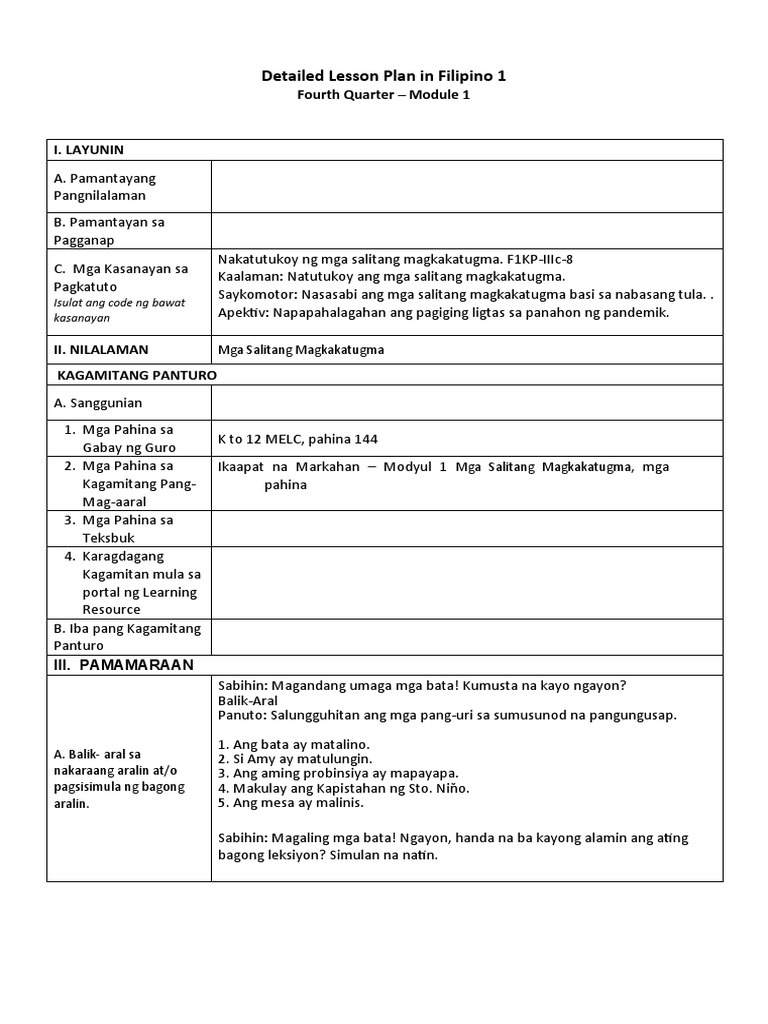 LESSON PLAN Filipino1 Q4 Module 1 | PDF