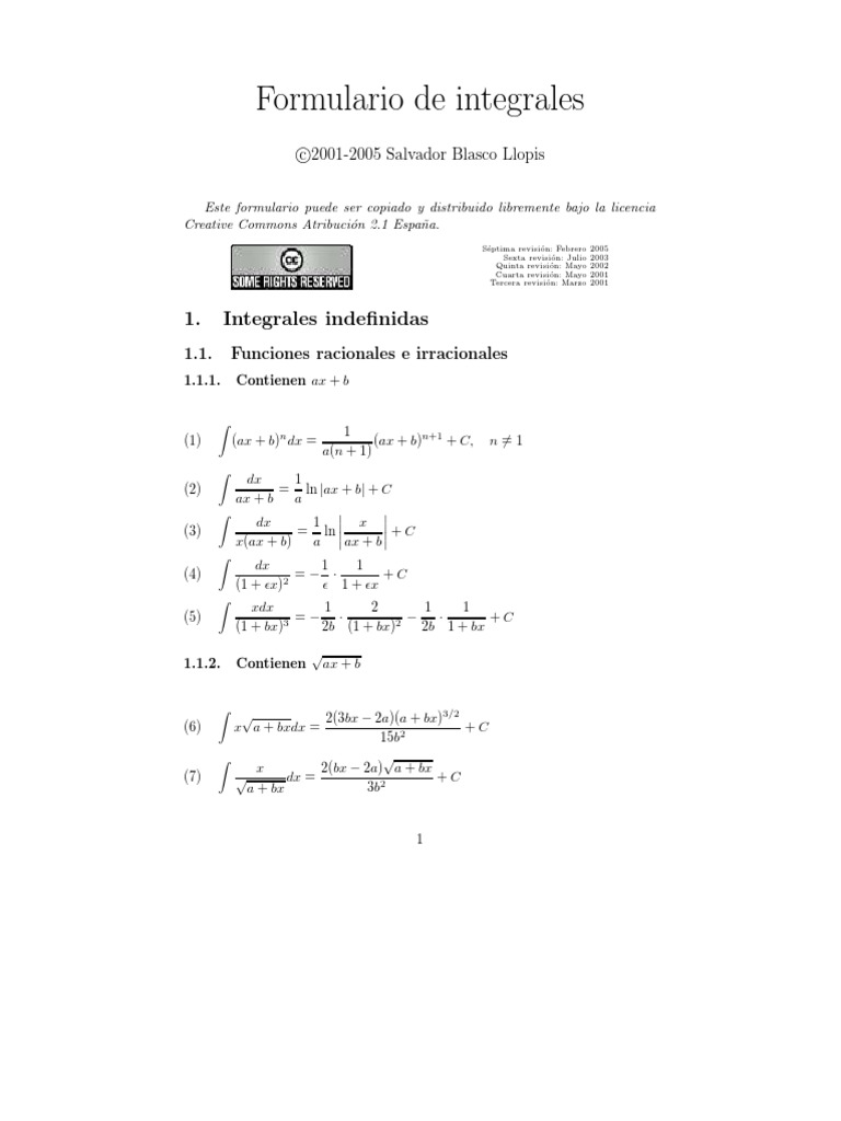 Formulario Integrales | PDF | Integral | Mathematical Concepts