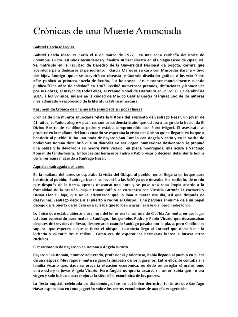 Crónicas de Una Muerte Anunciada | PDF | Gabriel García Márquez