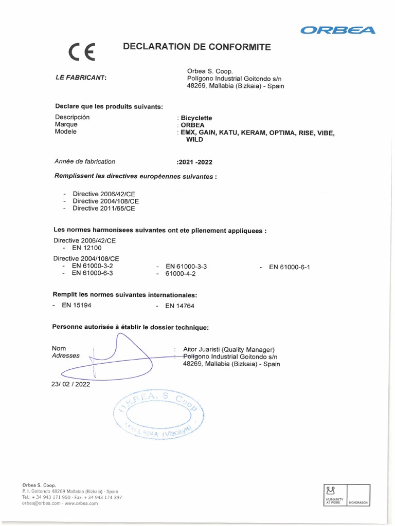 DECLARATION_DE_CONFORMITE_E-VELOS_2022_FR | PDF