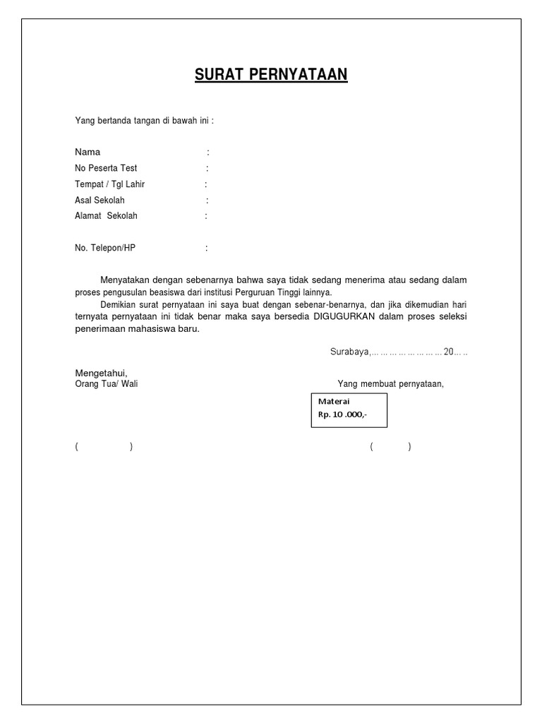 Surat Pernyataan: Materai Rp. 10 .000 | PDF