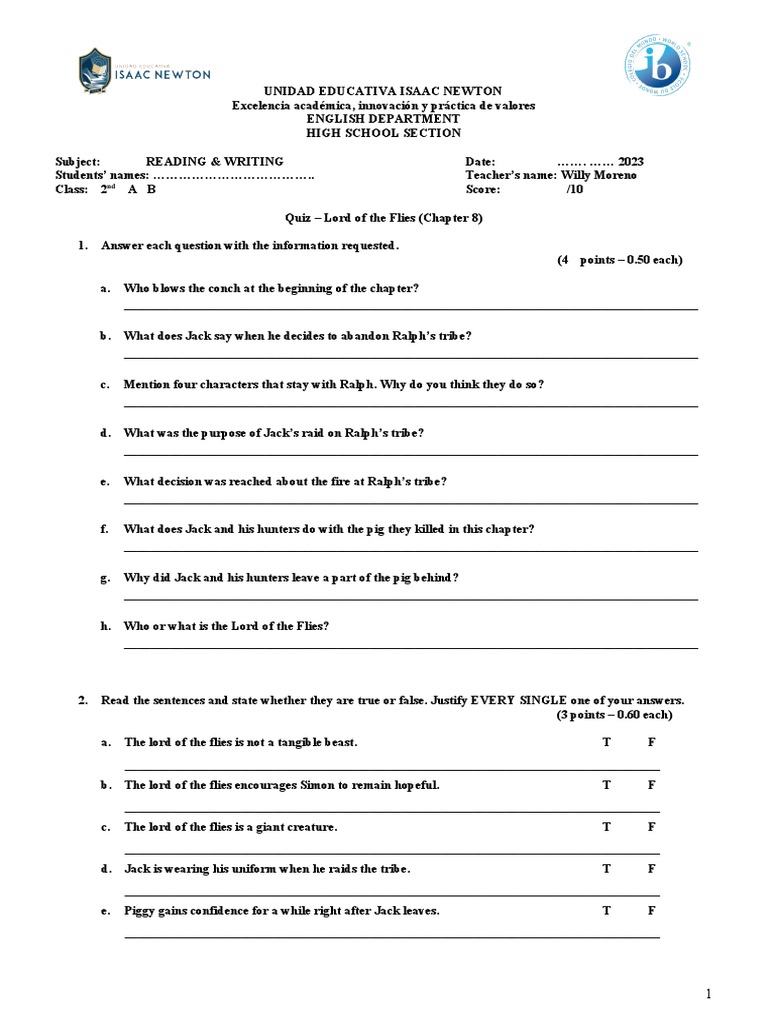 Quiz - Lord of The Flies Chapter 1 | PDF