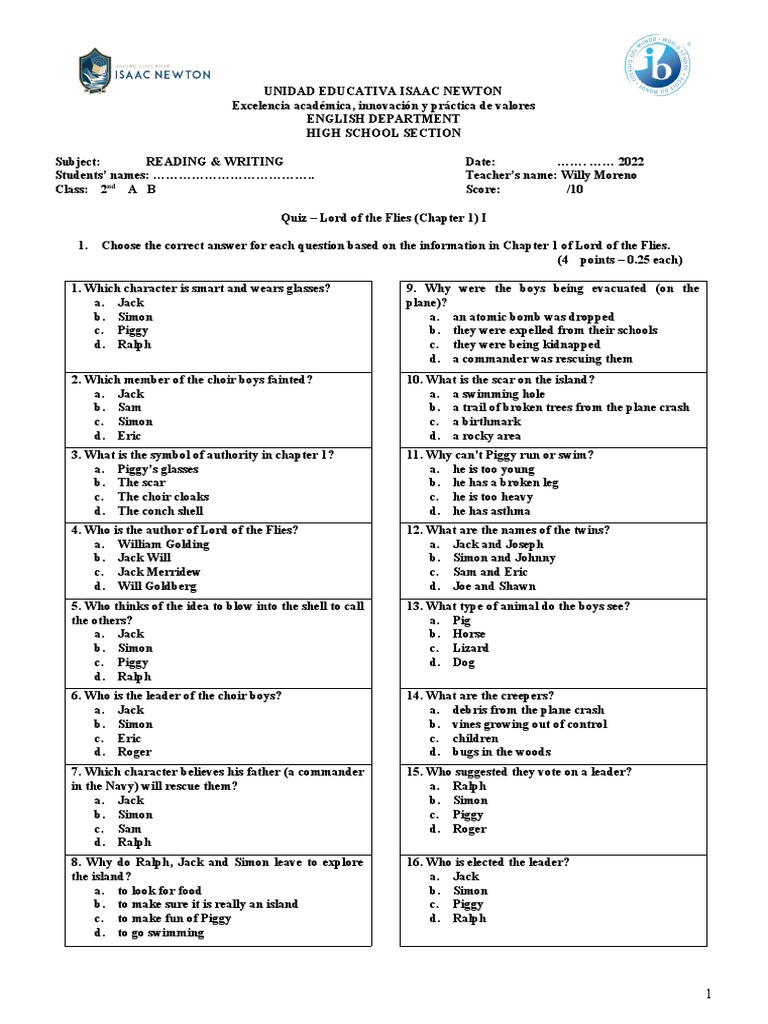 Quiz - Lord of The Flies Chapter 1 | PDF