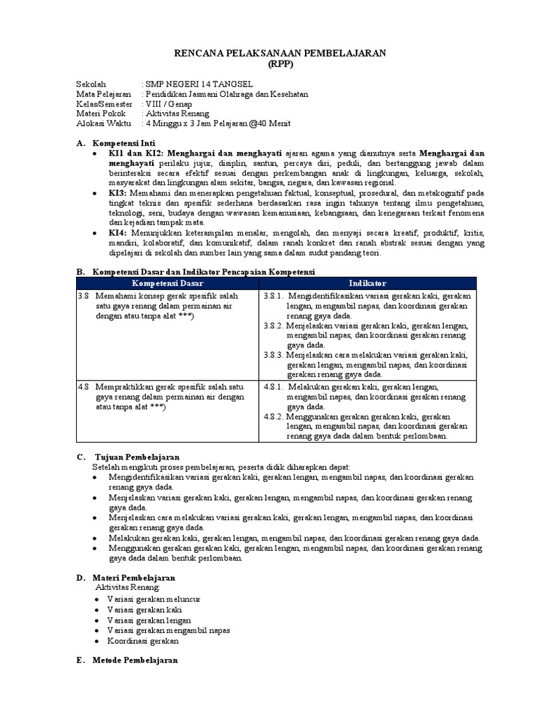 RPP 8 - Aktivitas Renang | PDF