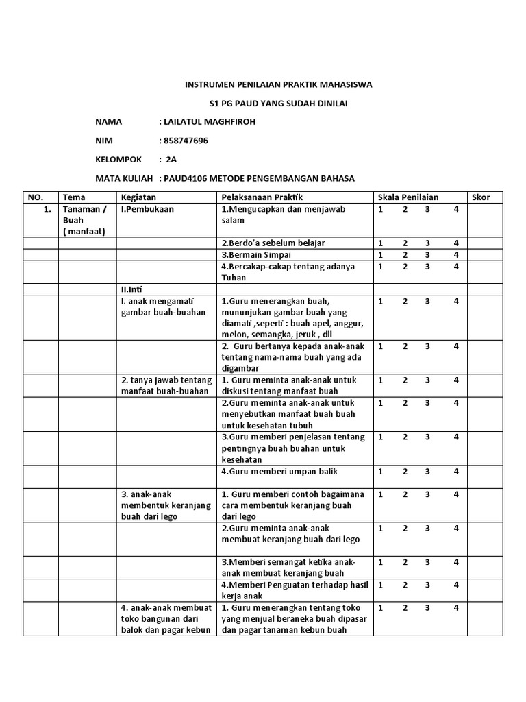 Instrumen Penilaian Praktik Mahasiswa s1 PG Paud Bahasa | PDF
