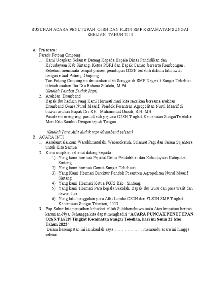 Susunan Acara Penutupan O2sn Dan FLS2N SMP Kecamatan Sungai Ebelian Tahun 2023 | PDF