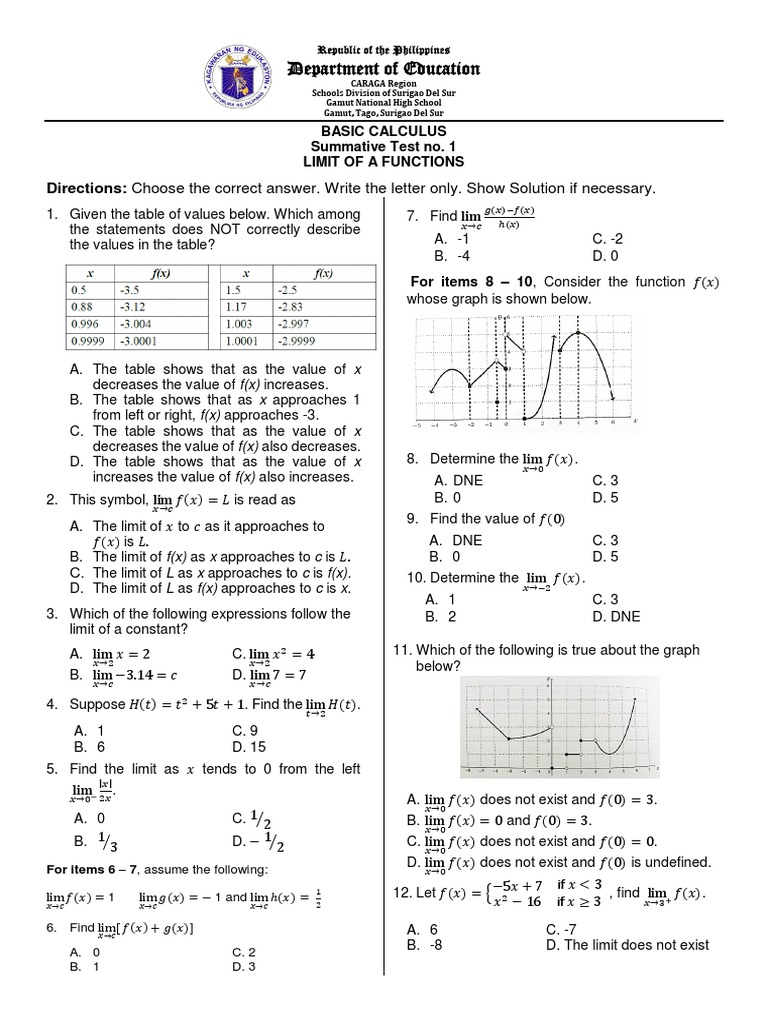 BASIC CALCULUS Summative 1 | PDF | Mathematical Relations | Mathematical Objects