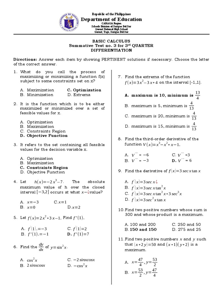 BASIC CALCULUS Summative 3 | PDF | Maxima And Minima | Mathematical Optimization