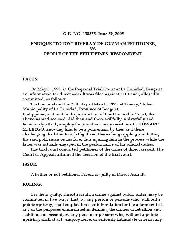 Direct Assault Case: Rivera v. People | PDF