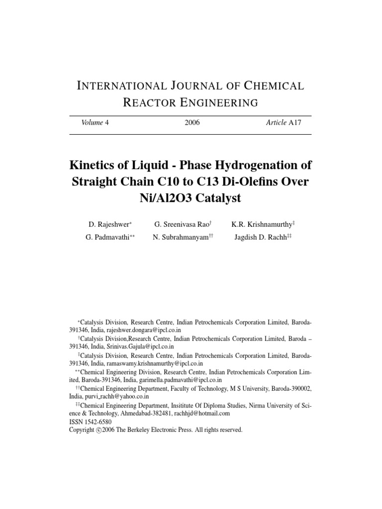 Kinetics of Liquid - Phase Hydrogenation of Diolefin | PDF ...
