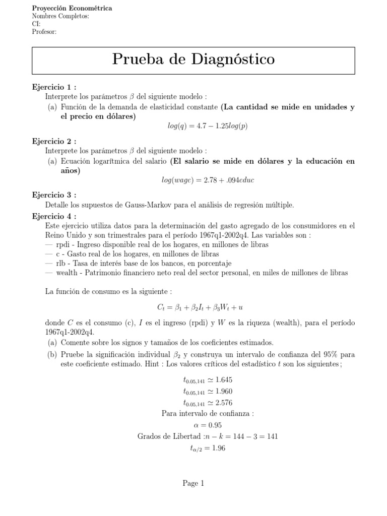 Prueba de Diagnostico Econometría | PDF