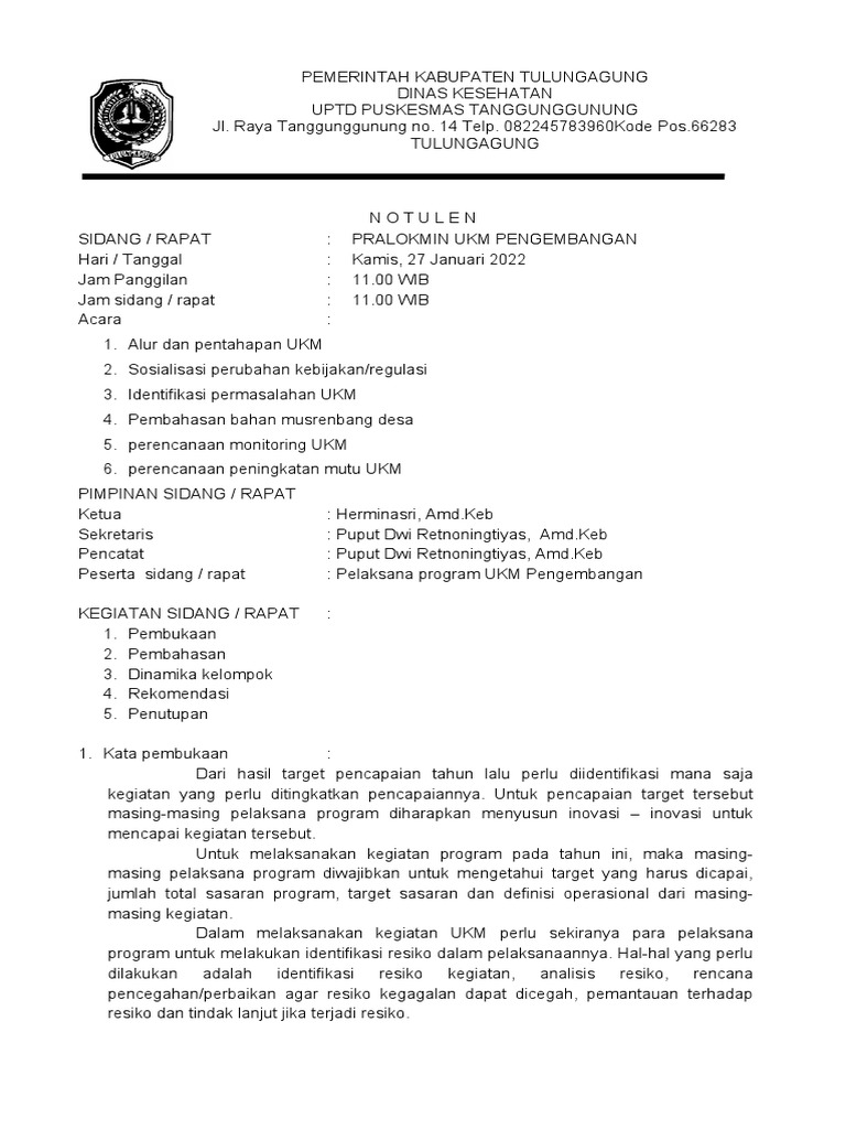 1 Notulen Pralokmin UKM Januari 2022 | PDF | Bisnis