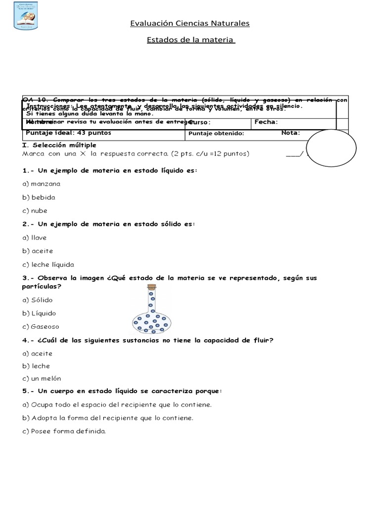 Evaluación Estados de La Materia | PDF | Gases | Líquidos