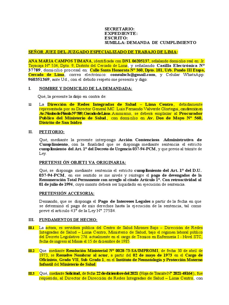 002 - Art. 1° D.U. 037-94 - Aplantilla - DEMANDA - Acción Cumplimiento | PDF | Salario | Demanda ...