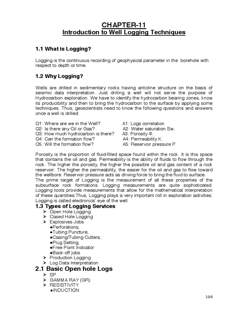 CHAPTER-11 Well Logging | PDF | Casing (Borehole) | Porosity