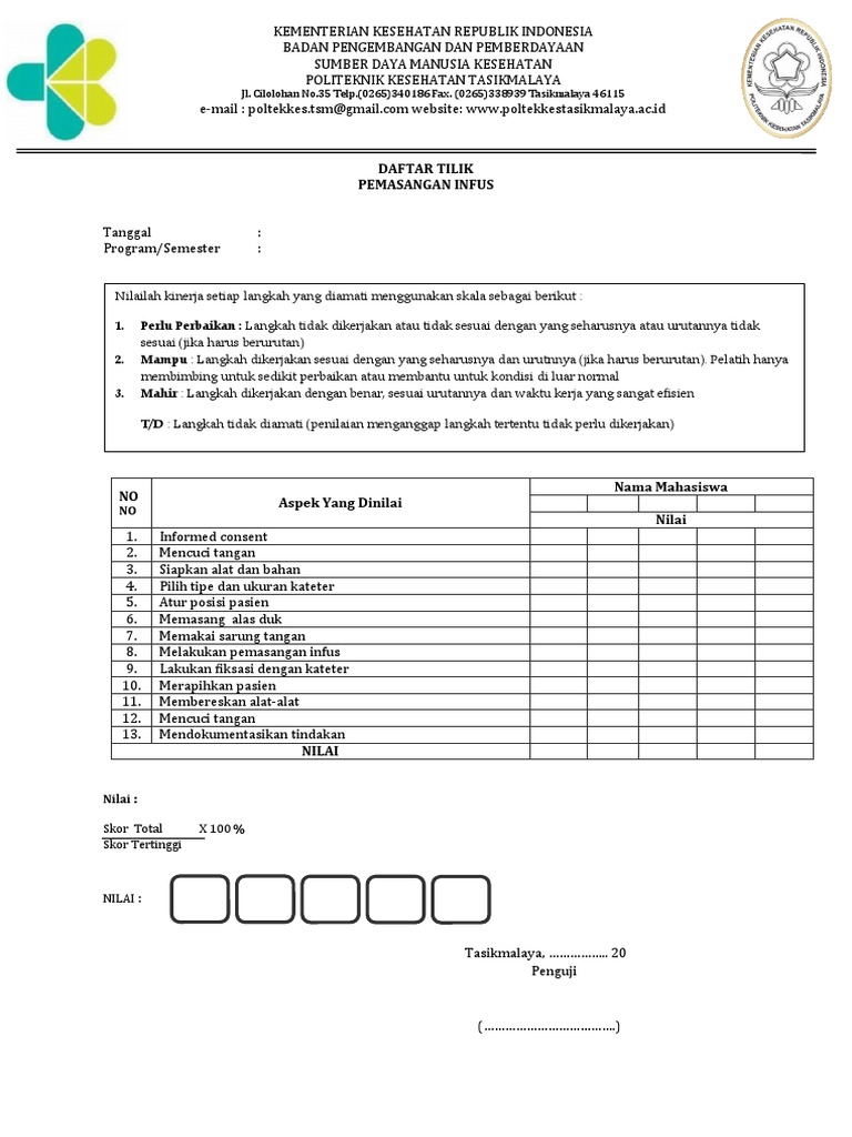 Daftar Tilik Pemasangan Infus dan Suntik | PDF