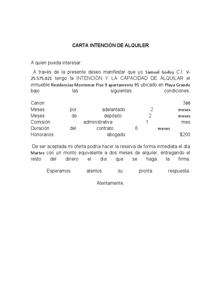 Carta Intención de Alquiler Formato | PDF