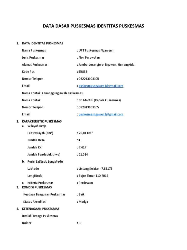 Data Dasar Puskesmas Identitas Puskesmas Ngawen I | PDF | Sains & Matematika